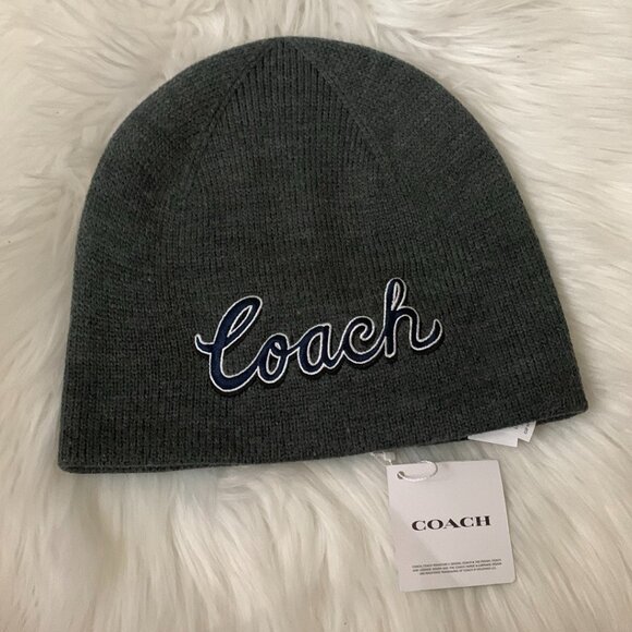 Coach | Accessories | Coach Script Print Knit Beanie Hat In Charcoal ...